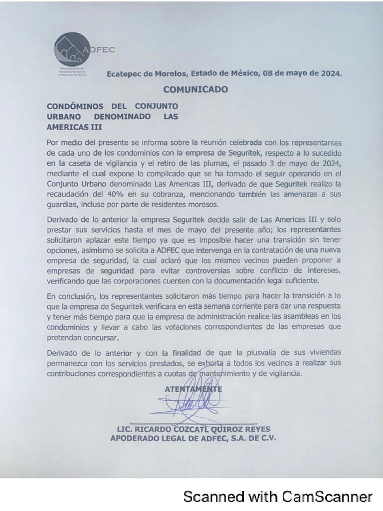 Comunicado Americas Iii Seguritek | PDF