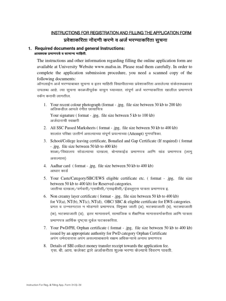 Instruction For Reg. & Filling Application Form 2023-24 | PDF