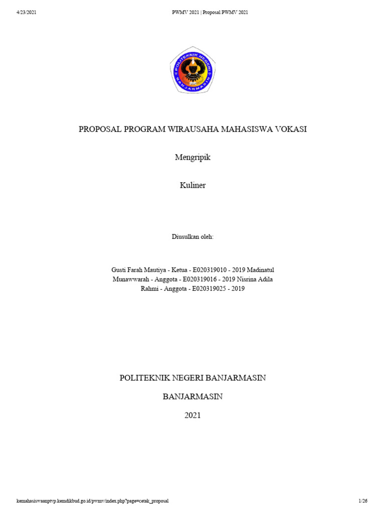 Contoh Proposal PMW Poliban 2021 Mengripik Kuliner | PDF