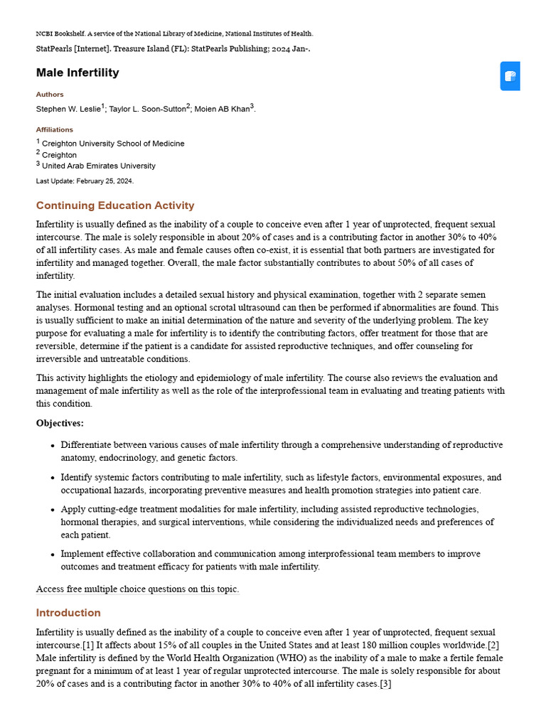 Male Infertility Statpearls Ncbi Bookshelf Pdf Infertility Testicle