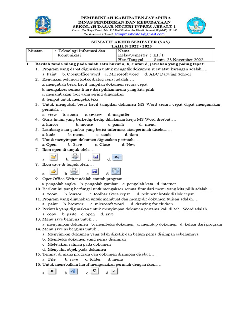 Soal Sas Tik Kelas 3 | PDF | Komputer