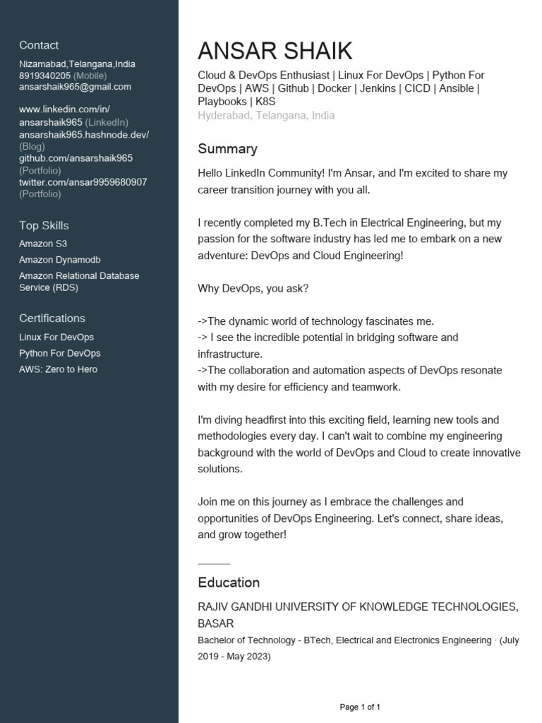 DevOps Career Journey of Ansar Shaik | PDF | Computers