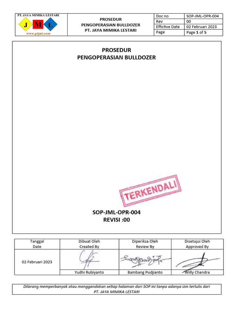 SOP-JML-OPR-004 - Prosedur Penggunaan Bulldozer | PDF