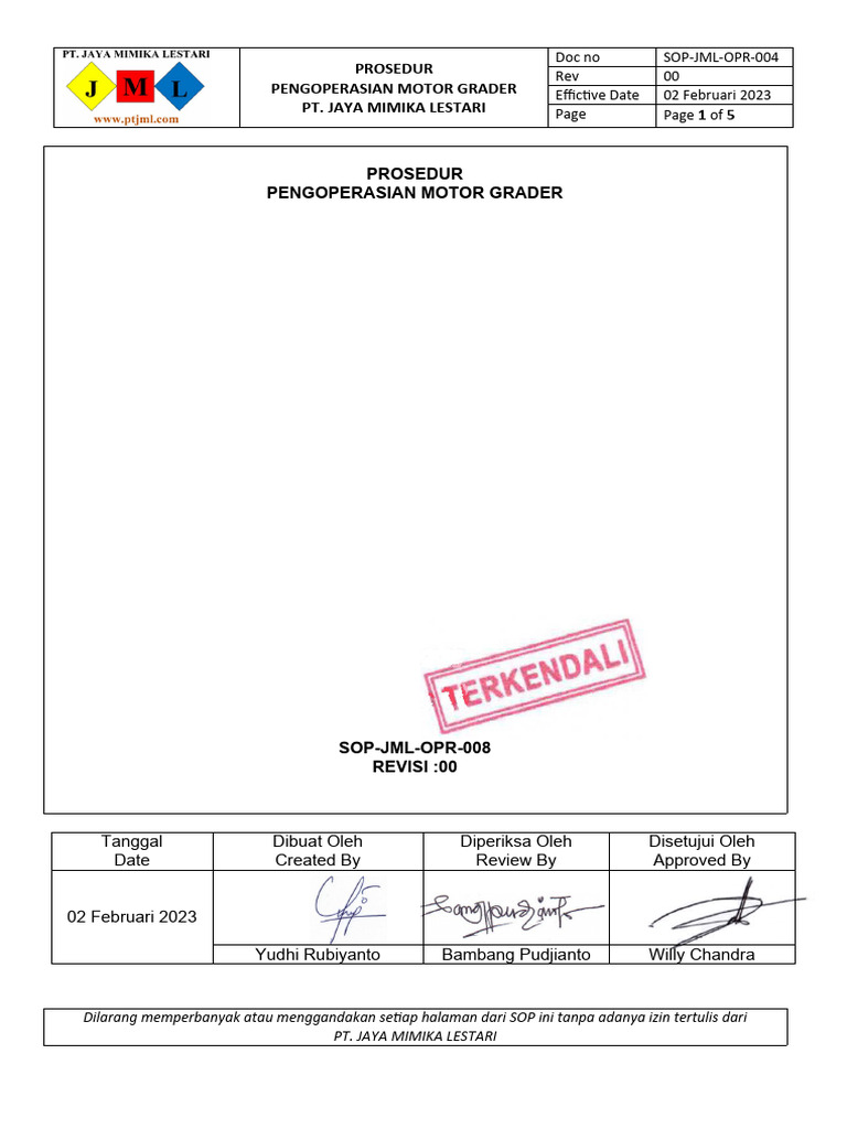 SOP-JML-OPR-008 - Prosedur Penggunaan Motor Grader | PDF