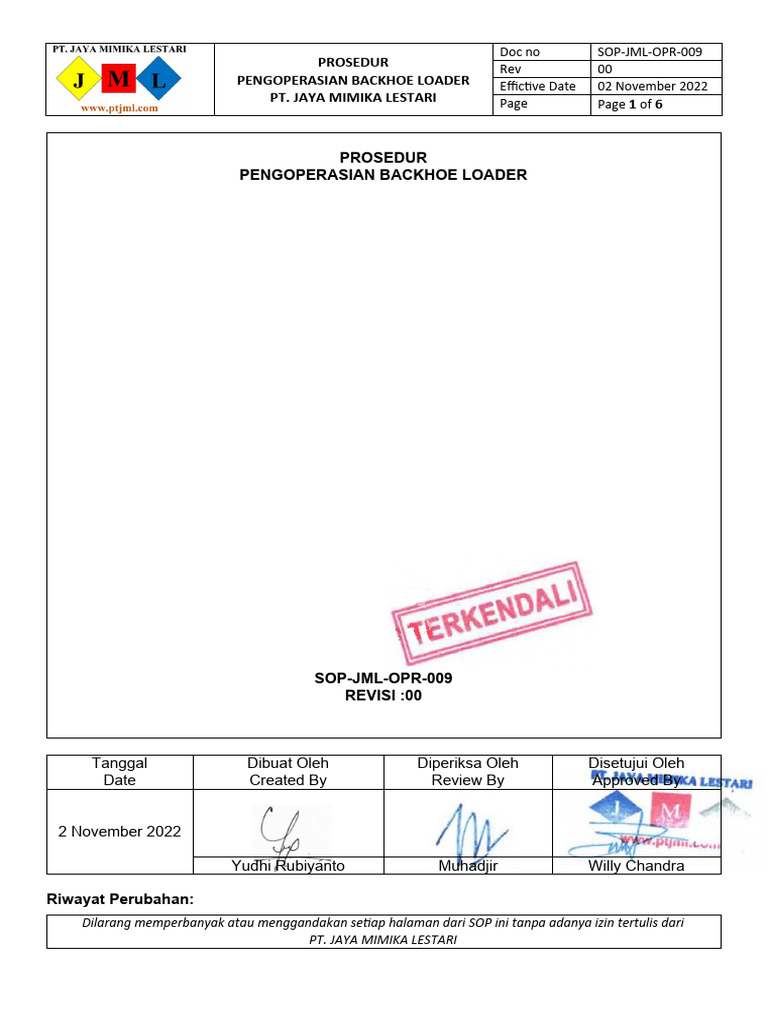 SOP-JML-OPR-009 - Prosedur Penggunaan Backhoe Loader | PDF