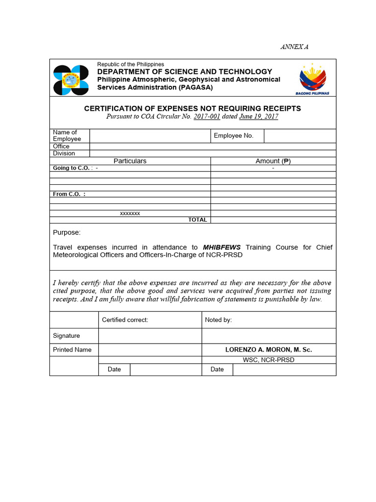 Certification of Expenses Without Receipts | PDF | Finance & Money ...