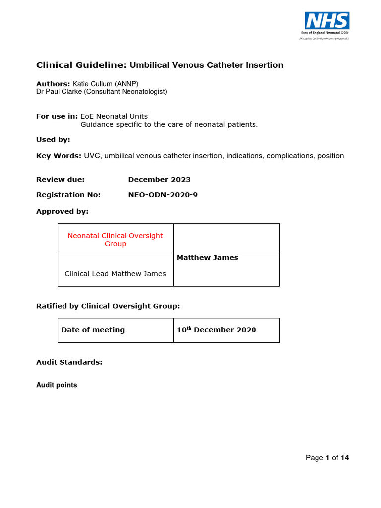 Clinical Guideline: Umbilical Venous Catheter Insertion | PDF ...