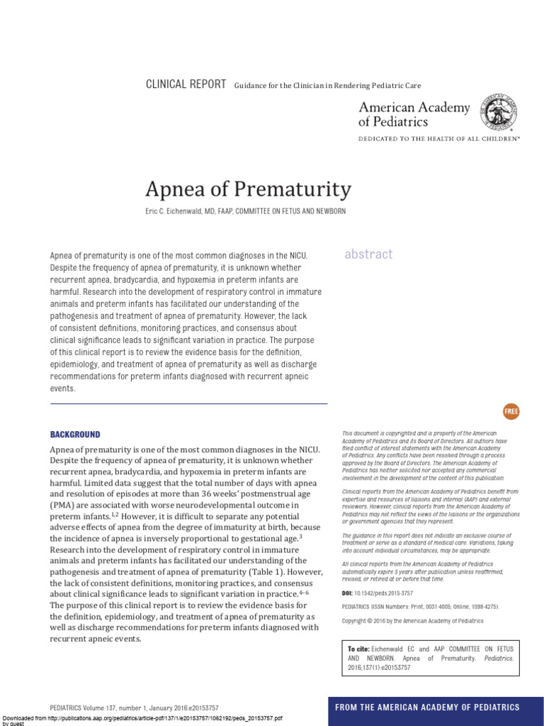 Apnea of Prematurity | Download Free PDF | Preterm Birth | Apnea