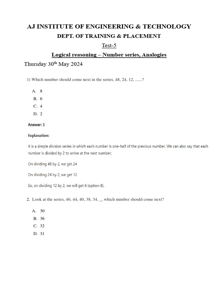 Test - 5 Logical Reasoning - Number Series, Analogies | PDF | Teaching ...