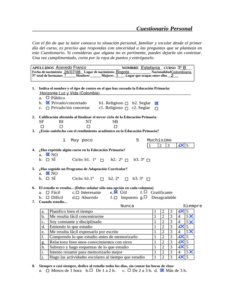 _Cuestionario Personal | PDF