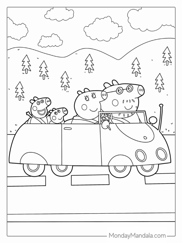Peppa Pig Family Driving in Car Coloring Page | PDF