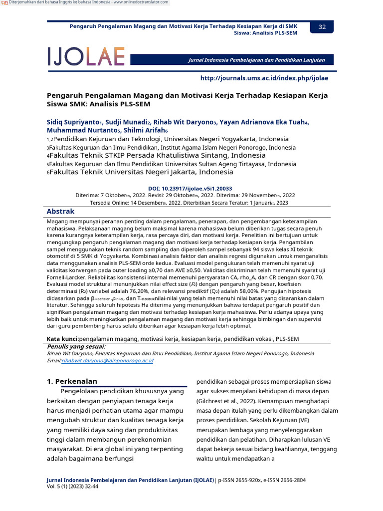 The Influence of Internship Experience and Work Motivation On Work Readiness - En.id (Terjemah ...