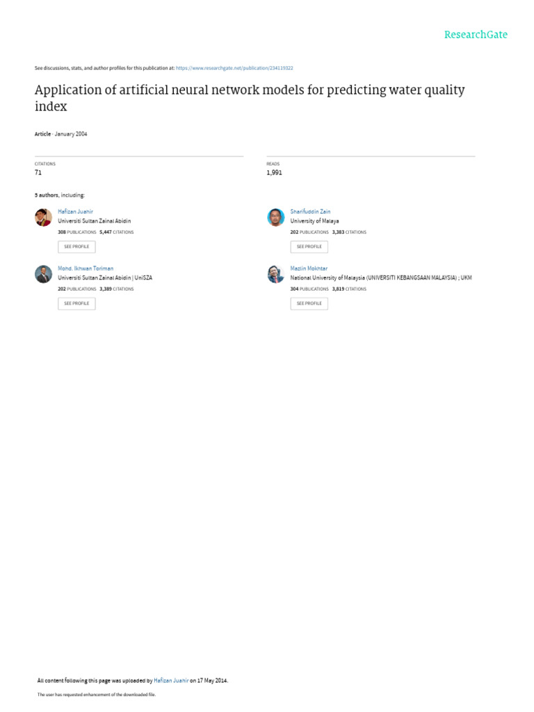 Application of Artificial Neural Network Models For Predicting Water Quality Index | PDF ...