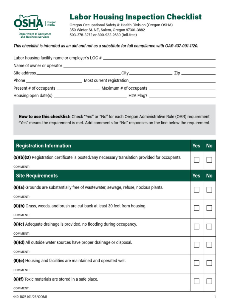 Labor Housing Inspection Checklist | PDF | Waste | Drinking Water