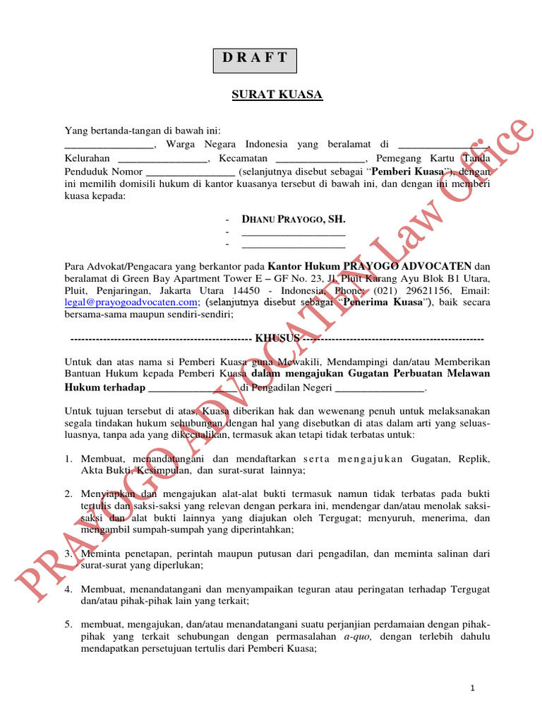 Prayogo Advocaten Draft Surat Kuasa Gugatan PMH | PDF