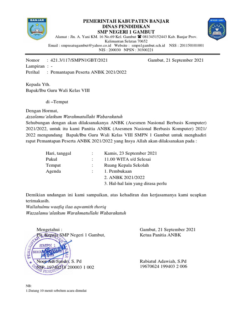 Rapat Pemantapan ANBK SMPN 1 Gambut | PDF