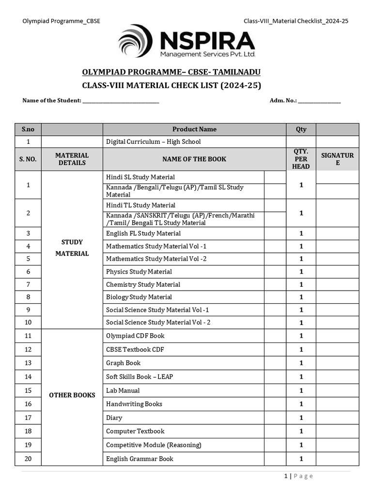 3_VIII- OLYMPIAD CHECK LIST_TN | PDF | Textbook