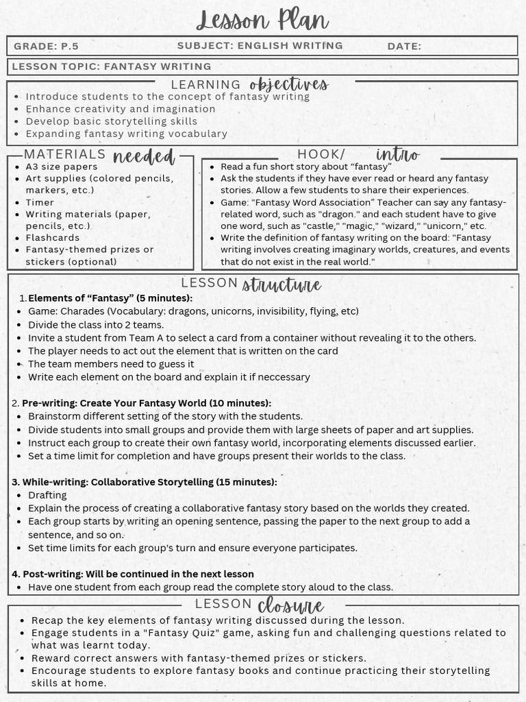 Fantasy Writing Lesson Plan for P.5 | PDF | Lesson Plan | Learning