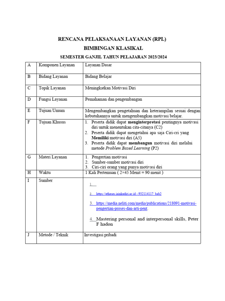 Rpl klasikal Motivasi Diri | PDF