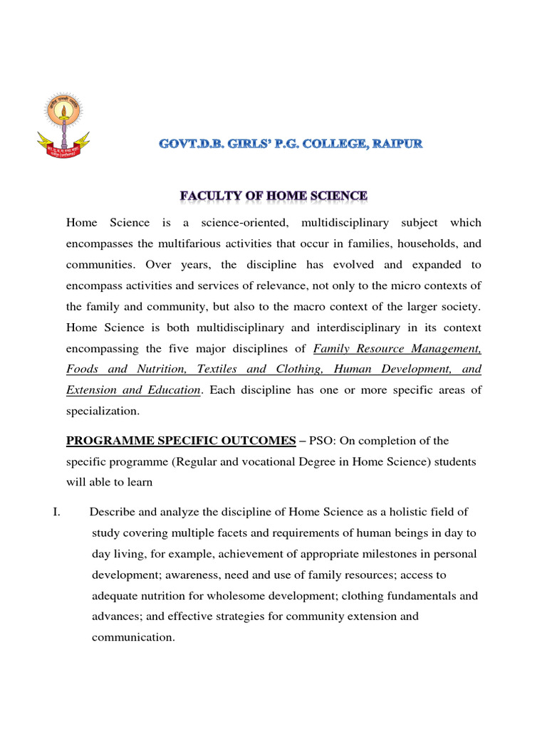 Home Science Program Outcomes and Skills | PDF | Developmental ...