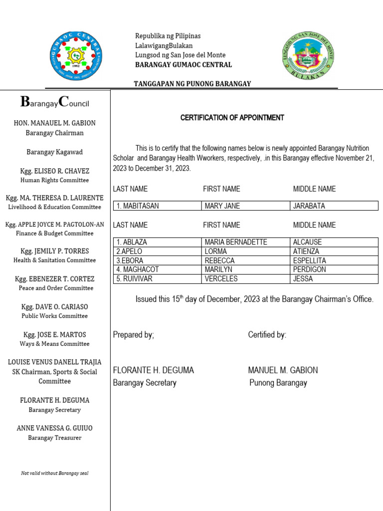 CERTIFICATION OF APPOINTMENT BNS & BHW | PDF