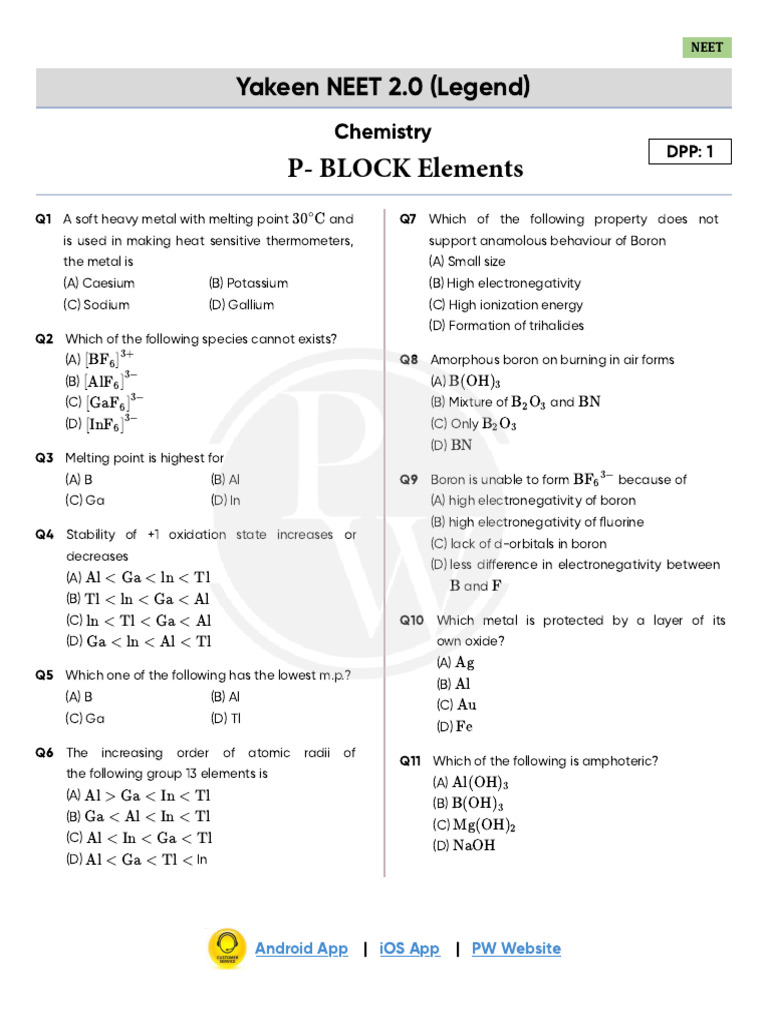 P- BLOCK Elements DPP 01 (of Lec-02) Ykeen 2.0 2024 (Le (1) | PDF | Boron | Sets Of Chemical ...
