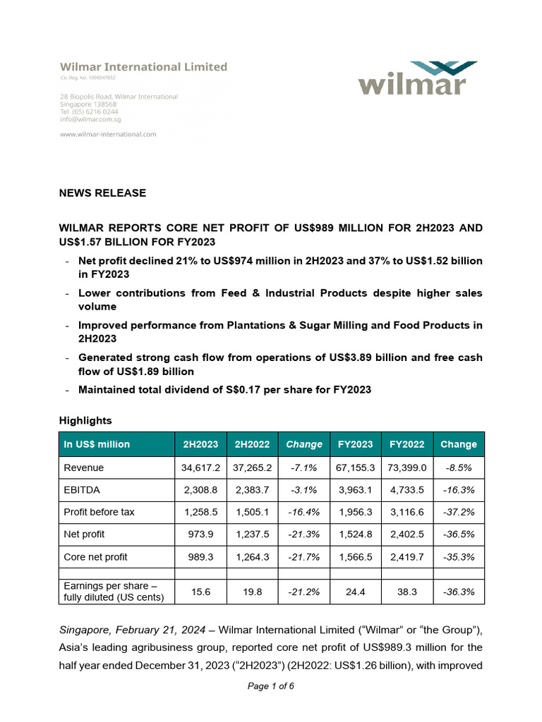 Wilmar Results News Release | PDF | Dividend | Economies