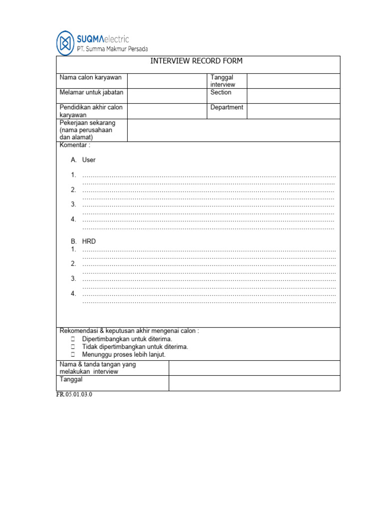 Form HRD Employment Interview Record 003 | PDF