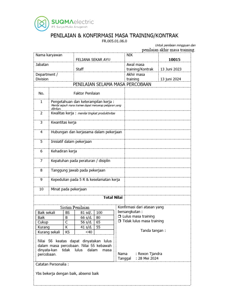 Form HRD Penilaian Karyawan Masa Kontrak Sekar | PDF