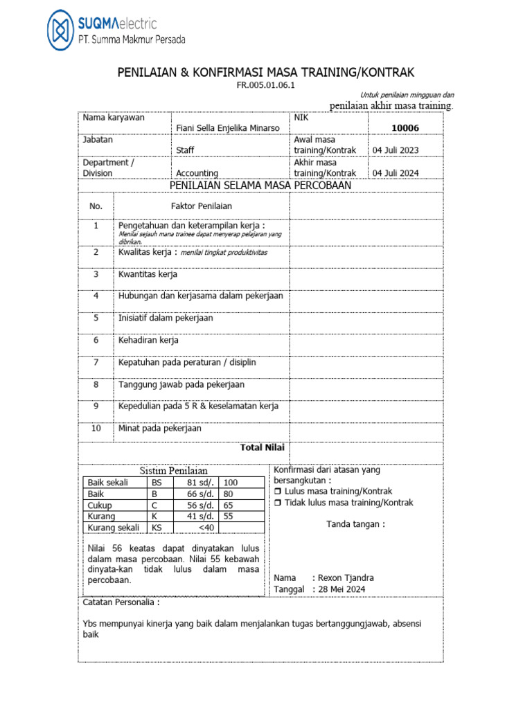 Form HRD Penilaian Karyawan Masa Training 006 Sma | PDF