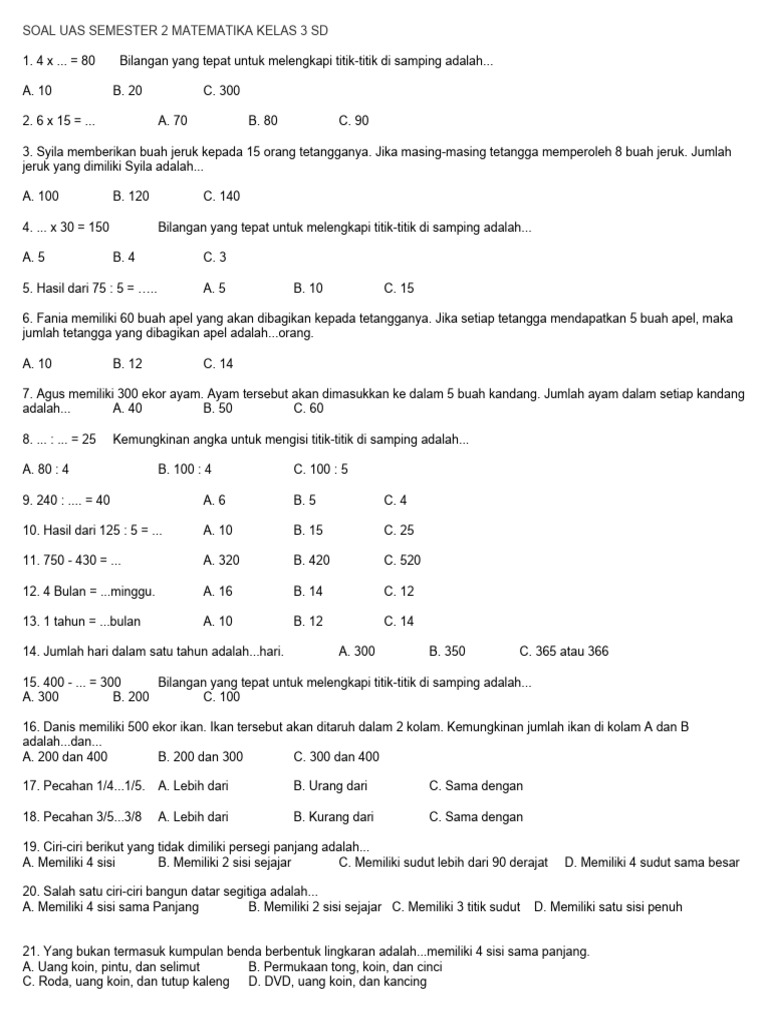 Soal Uas Semester 2 Matematika Kelas 3 Sd. 2 | PDF | Griya & Taman