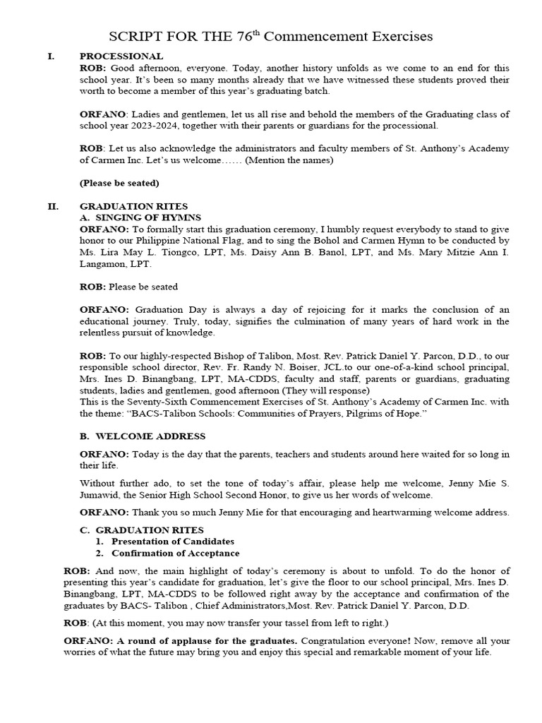 76th Commencement Exercises Script | PDF