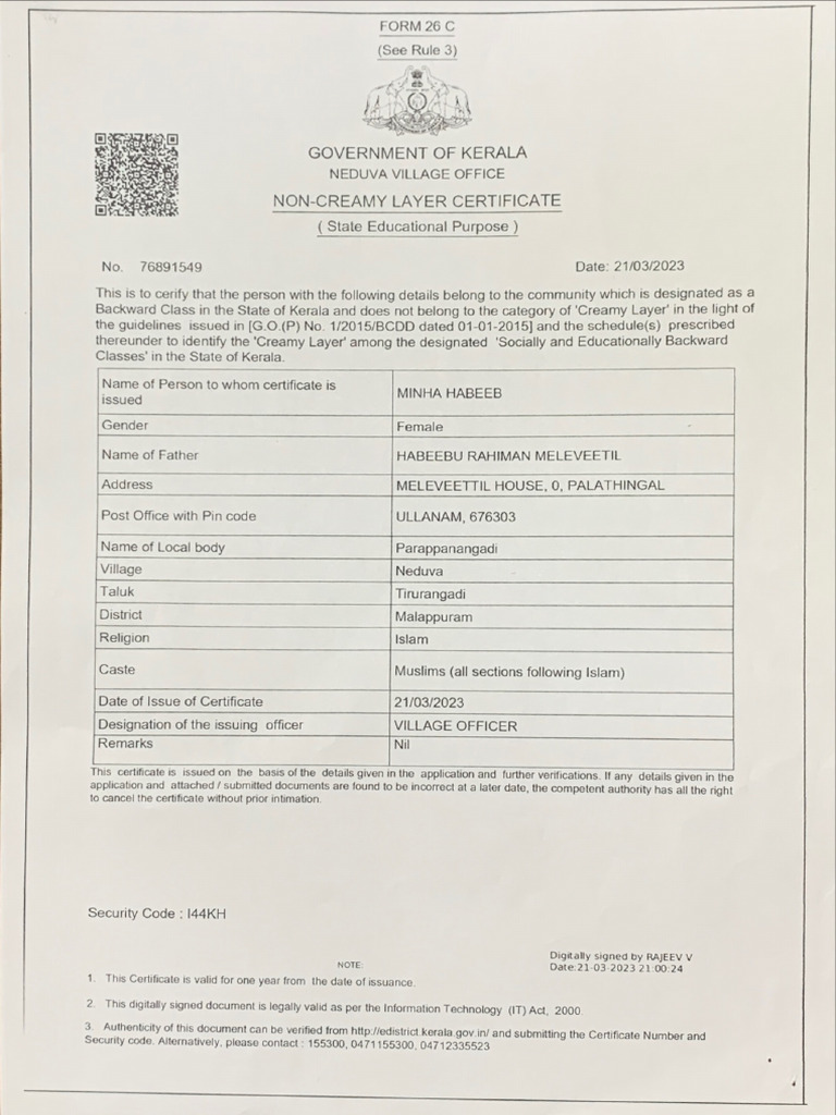 Non Creamy Layer Certificate (State) | PDF