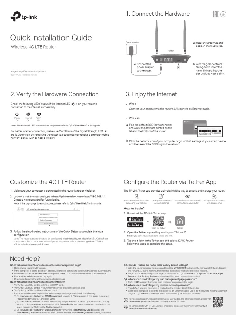 TPLINK TL-MR100 QUICK Installation Guide V1 | Download Free PDF | Computer Network | Router ...