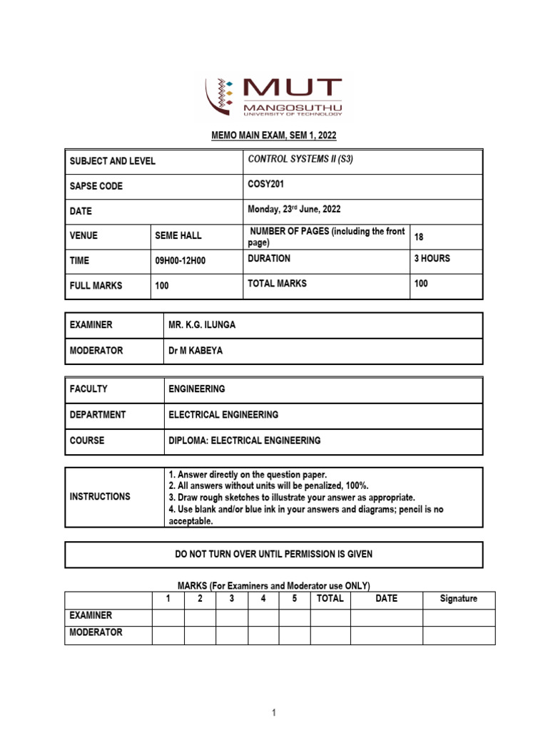 Memo Exam-SEM1-2022-Control Systems II | PDF | Feedback | Electronic Circuits