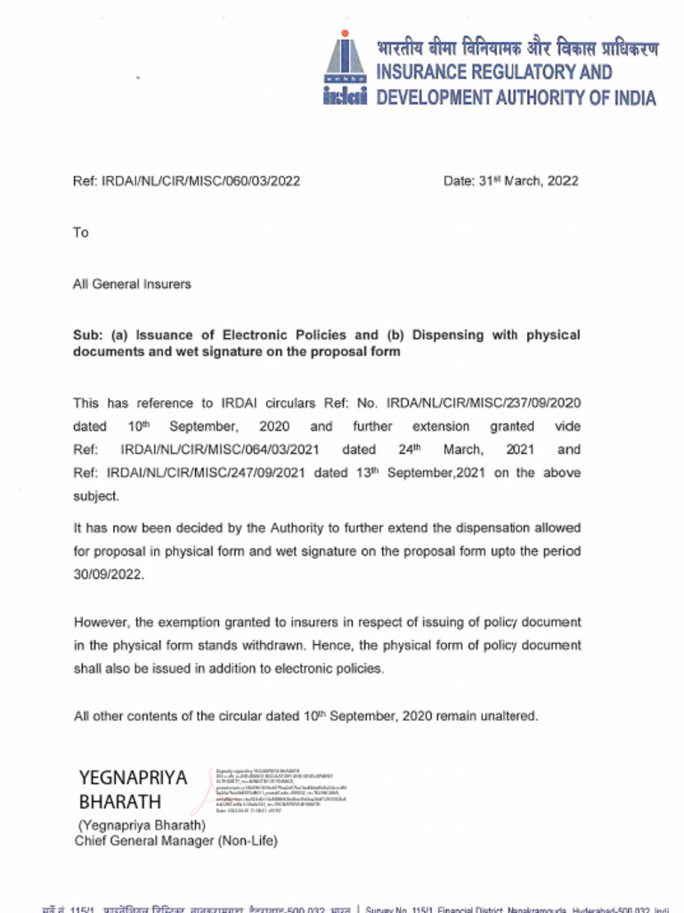 Issuance of Electronic Policies and (B) Dispensing With Physical ...