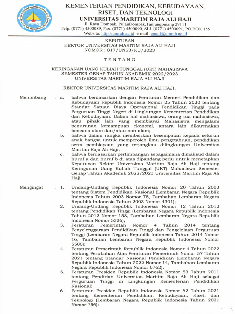 817 - Keringanan Uang Kuliah Tunggal (Ukt) Mahasiswa Semester Genap | PDF