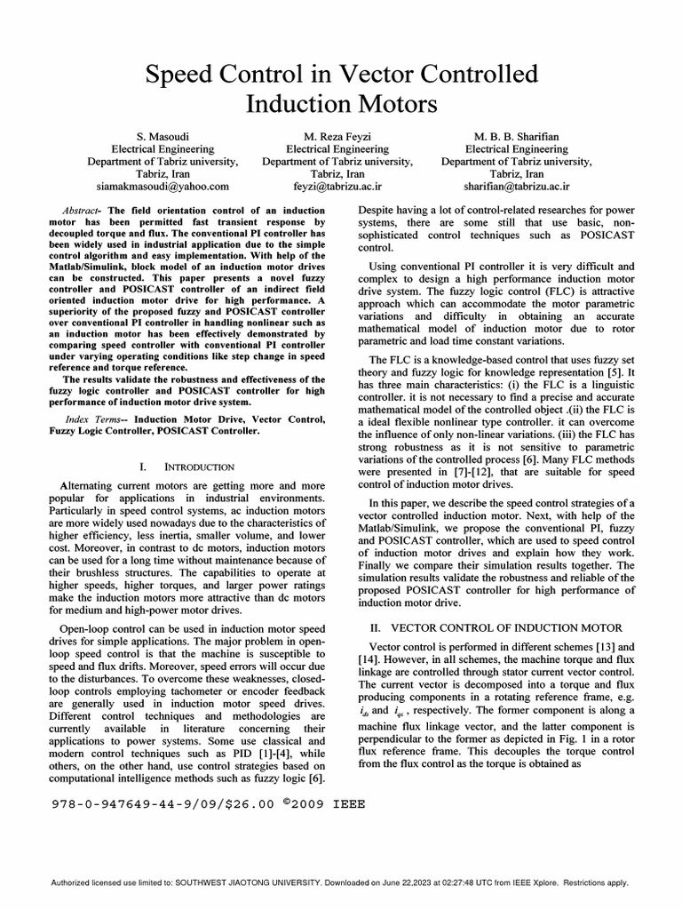 Speed Control In Vector Controlled Induction Motors Pdf Control