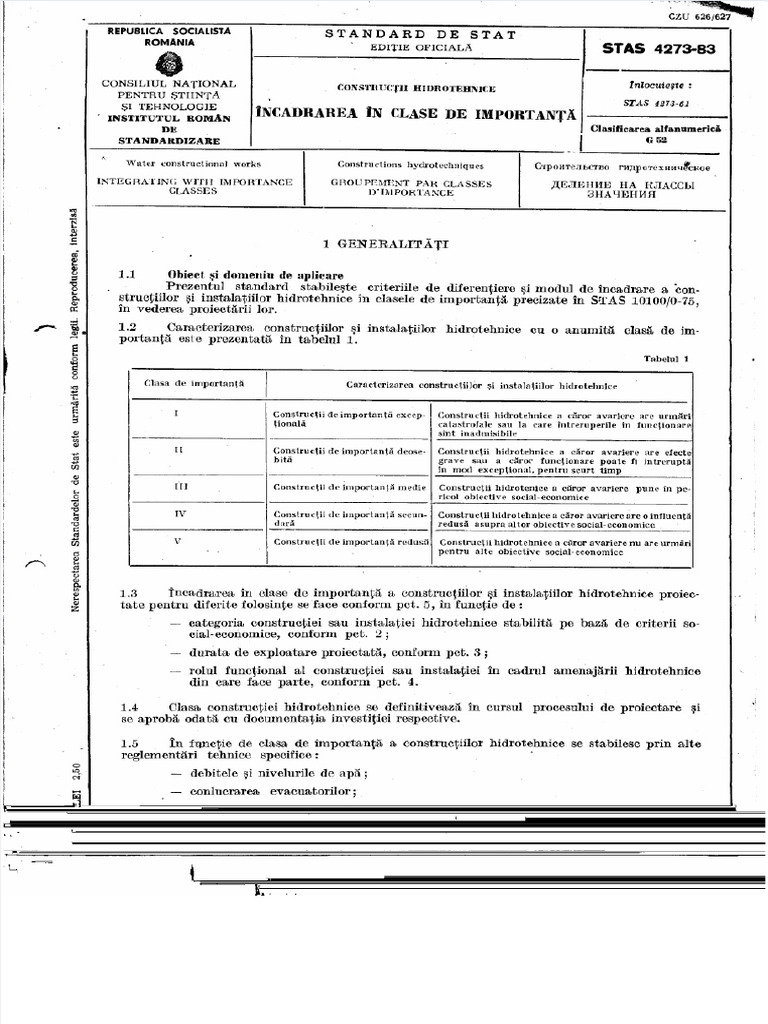 Stas 4273 83 Constructii Hidrotehnice Incadrarea in Clase de Importantapdf | PDF