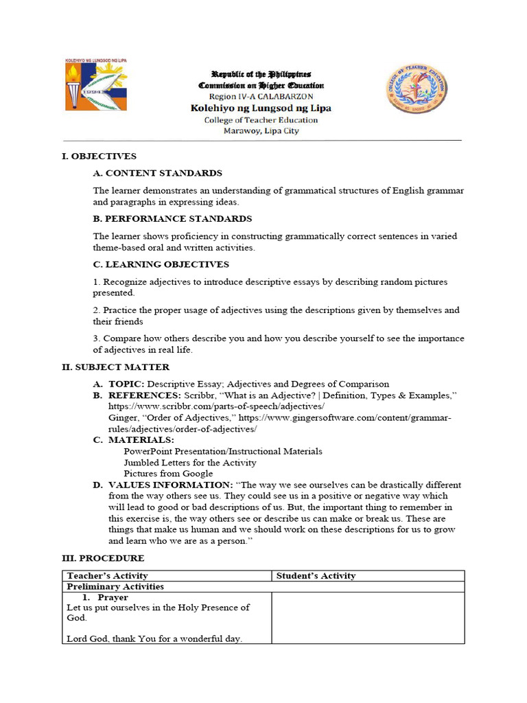 05 Reference English Detailed Lesson Plan Deped4as Lesson Plan About ...