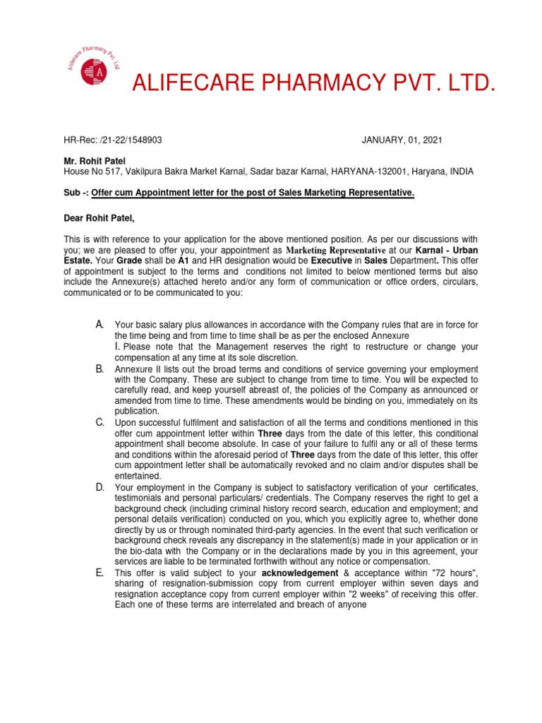 Job Offer-Sales Marketing Representative | PDF | Employment | Salary