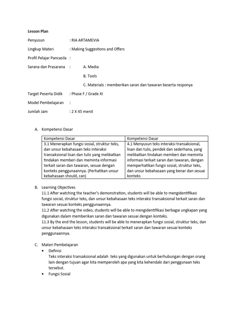Lesson Plan - Micro Teaching - RIA ARTAMEVIA 2201421037 | PDF | Psychological Concepts | Human ...