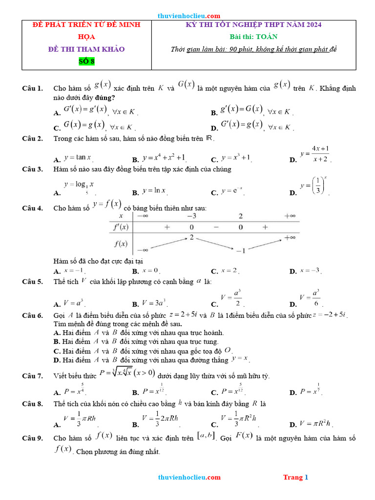 De Thi Thu TN THPT 2024 Toan Phat Trien Tu de Minh Hoa de 8 | PDF