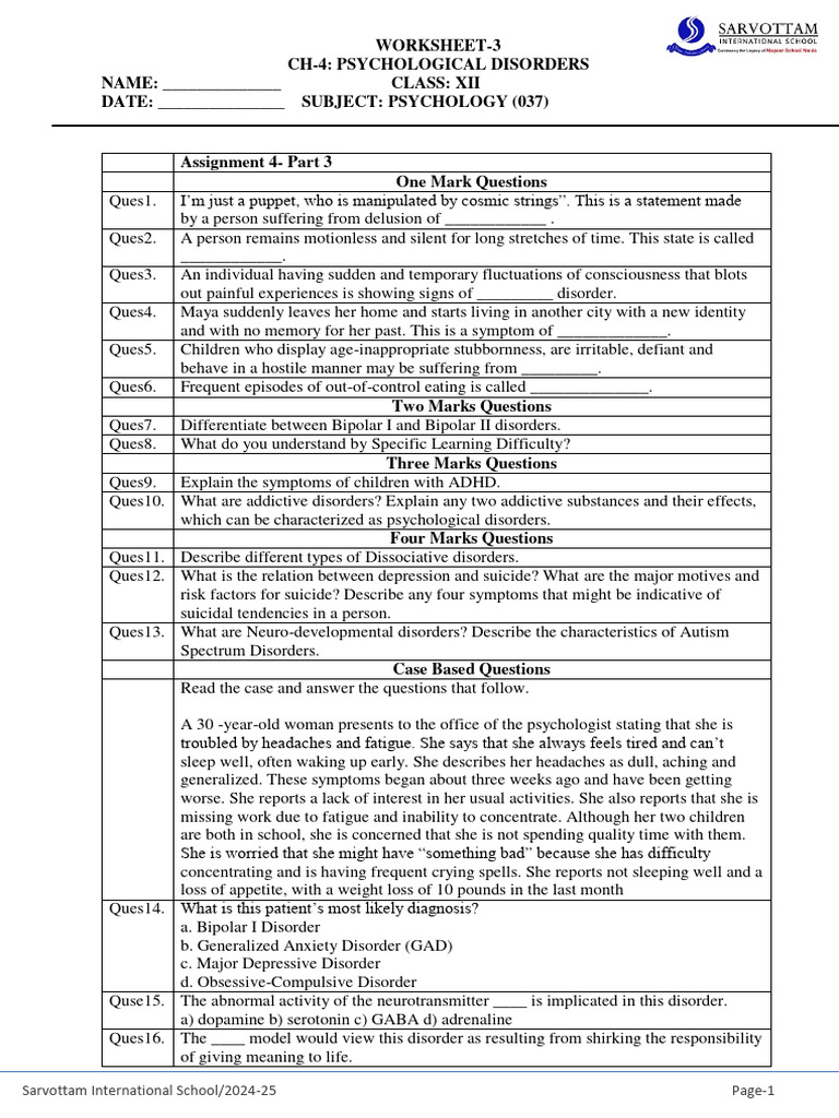 CH-4 WORKSHEET-3 | Download Free PDF | Mental Disorder | Bipolar Disorder