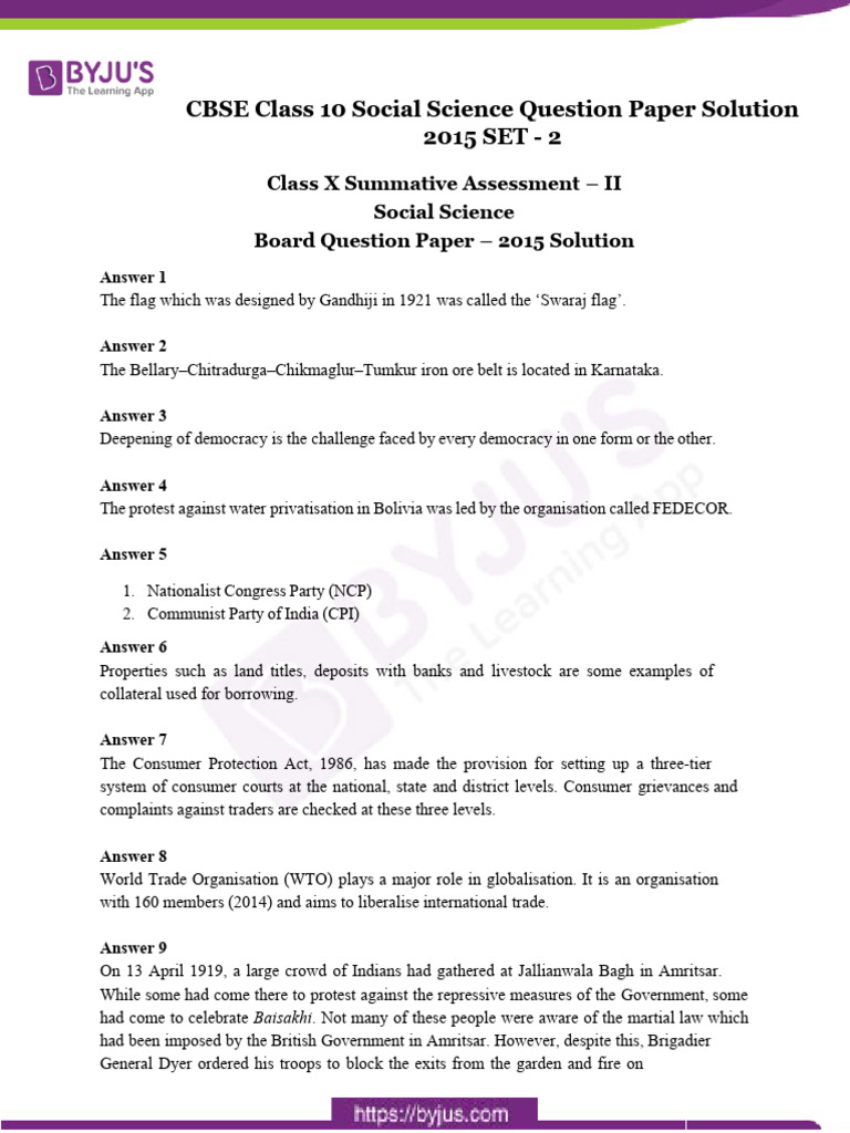 CBSE Class 10 Social Science Question Paper Solution 2015 SET 2 | PDF ...