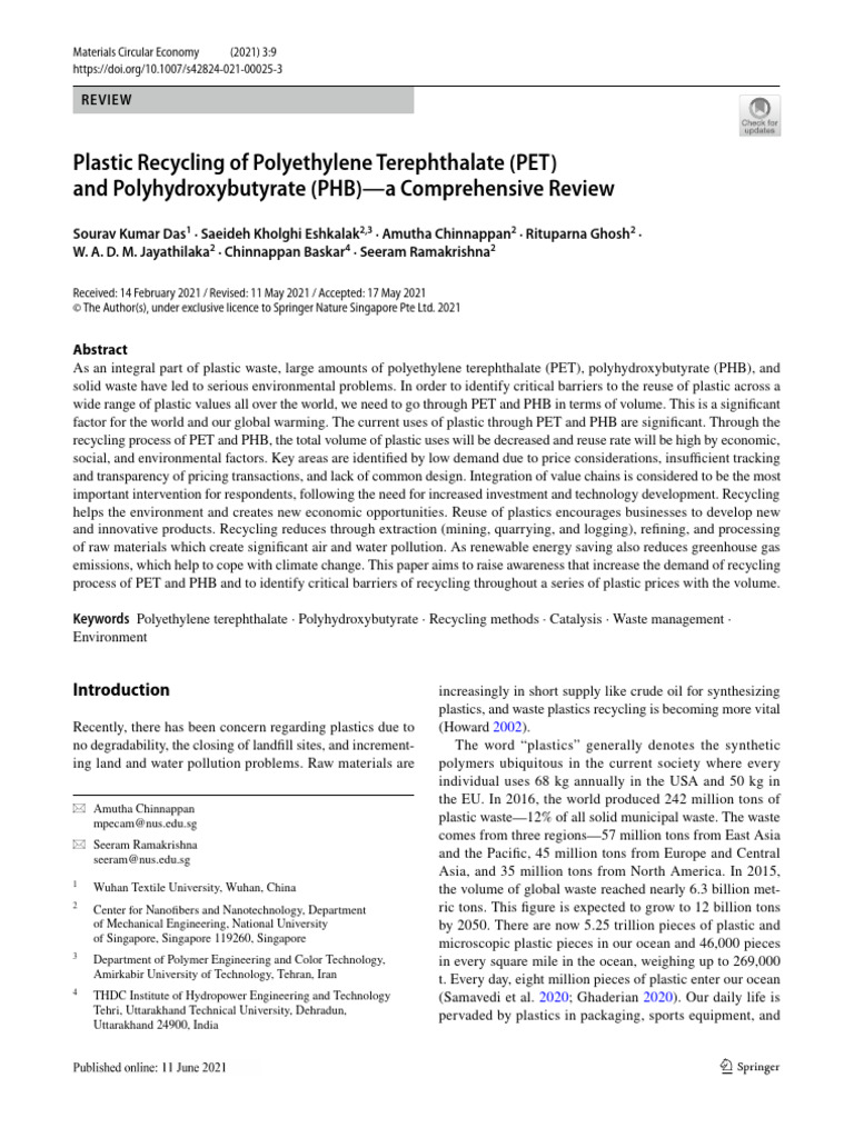 Plastic Recycling of Polyethylene Terephthalate (PET) and Polyhydroxybutyrate (PHB) a ...
