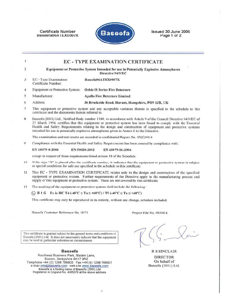 Baseefa ATEX Certificate for Fire Detectors | PDF | European Union ...