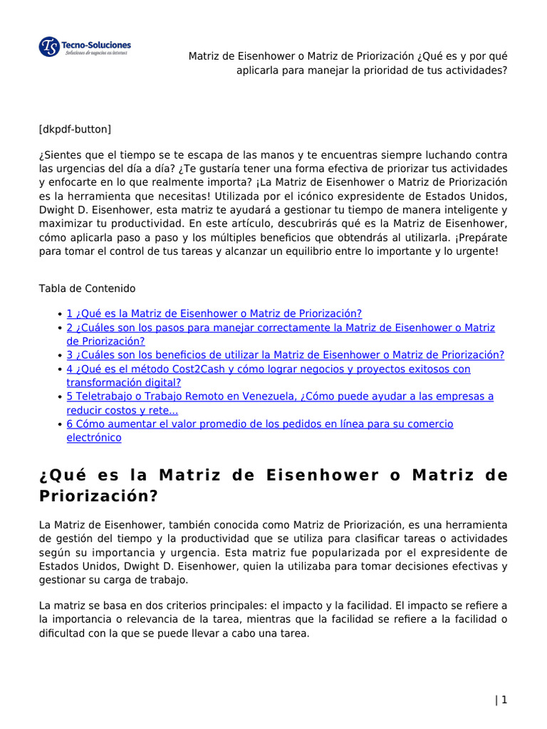Matriz de Eisenhower o Matriz de Priorización ¿Qué Es y Por Qué ...