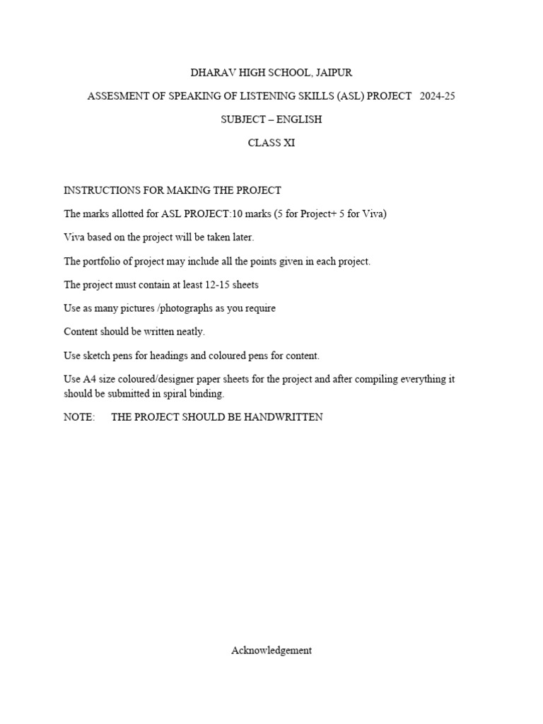 Class XI English ASL Project Guide | PDF | Nature