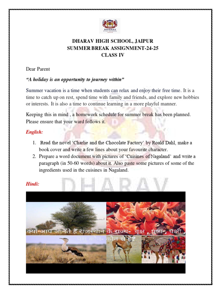 Class 4 Holiday Homework 2425 | PDF